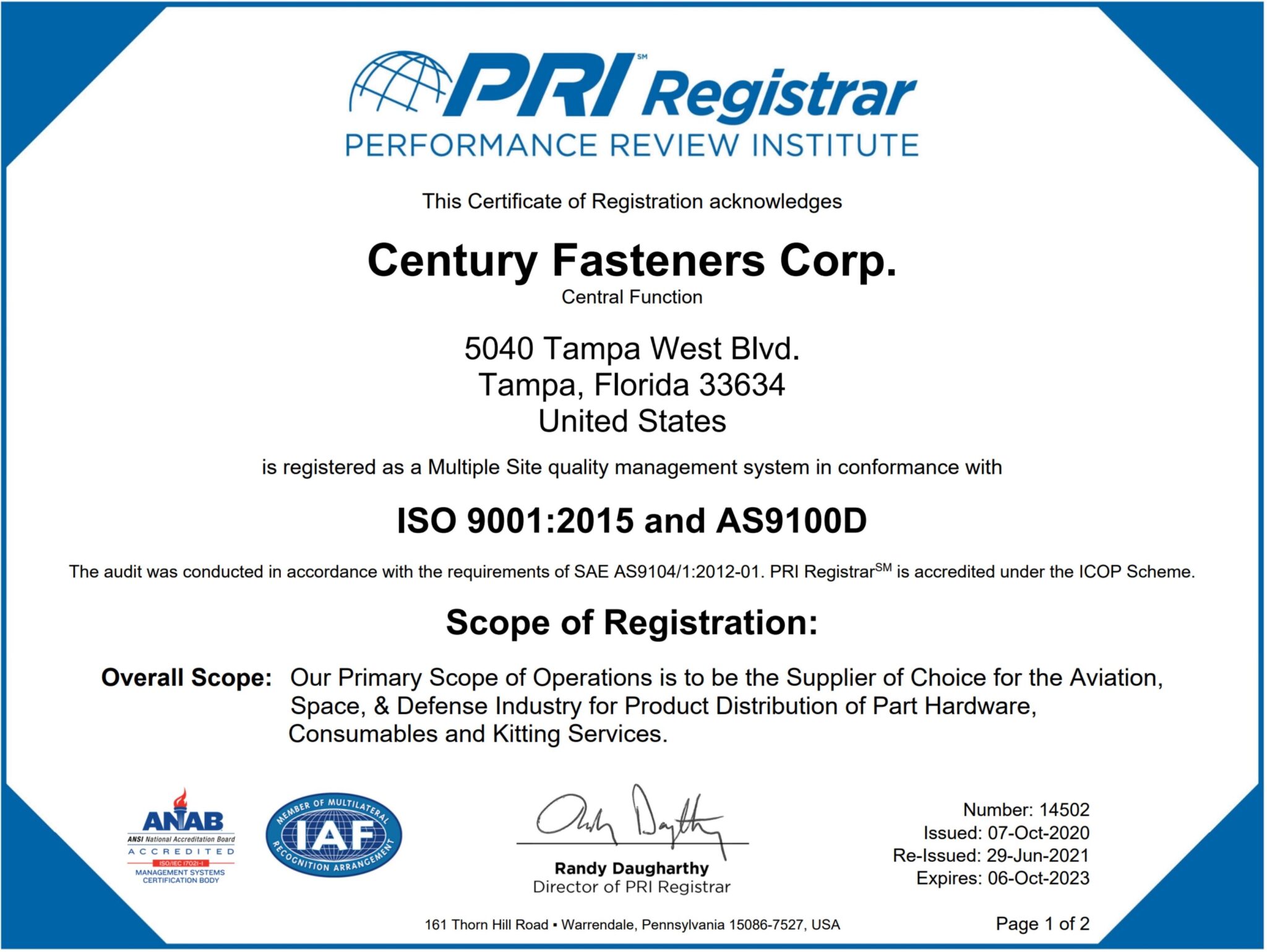 Certifications - Century Fasteners Corp.