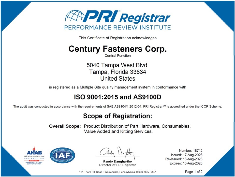 ISO9001: 2015 & AS9100D Certifications - Century Fasteners Corp.