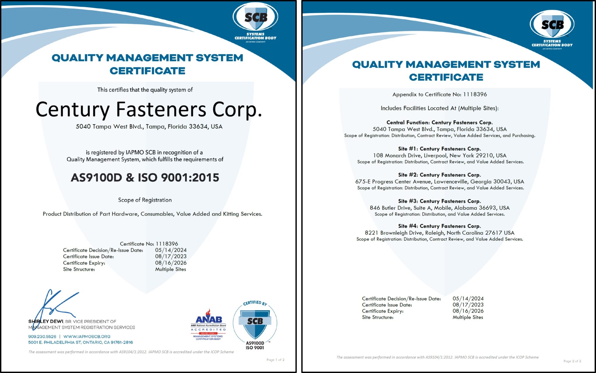 ISO9001: 2015 & AS9100D Certifications - Century Fasteners Corp.